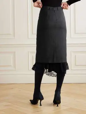 Balenciaga Pinstriped Wool Midi Skirt With Lace Trim