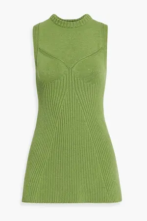 JIL SANDER Ribbed Cotton-blend Top With Pointelle Trims - Leaf Green