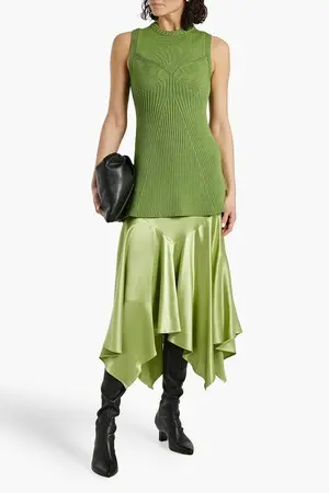 JIL SANDER Ribbed Cotton-blend Top With Pointelle Trims - Leaf Green