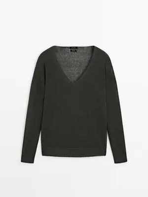 Massimo Dutti Massimo Dutti 100% Linen V-Neck Sweater - Dark Green