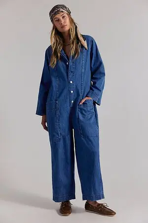 Free People We The Free Margarita Denim Jumpsuit - Cobalt