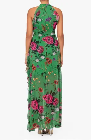 Betsy & Adam Floral Print Metallic Ruffle Gown - Green/multi | Editorialist