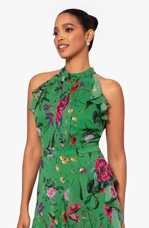 Betsy & Adam Floral Print Metallic Ruffle Gown
