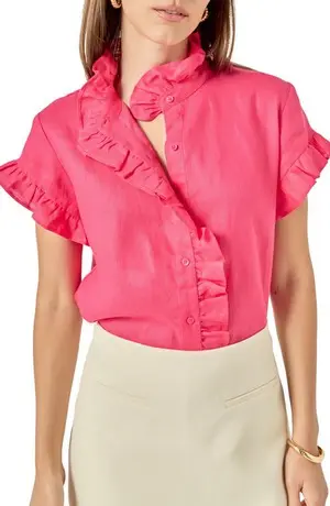 English Factory Ruffle Trim Linen Shirt - Fuchsia