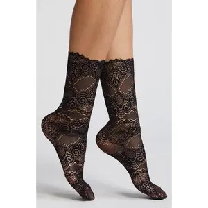 HIGH HEEL JUNGLE Scalloped Lace Crew Socks - Black