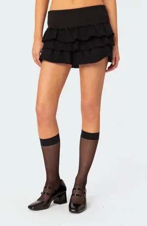 EDIKTED Martina Tiered Ruffle French Terry Miniskirt - Black