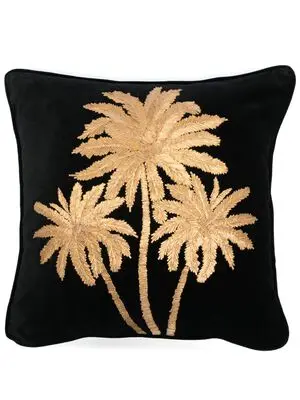 LES-OTTOMANS X Browns Embroidered Palms Velvet Cushion - Black