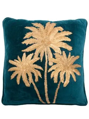 LES-OTTOMANS X Browns Embroidered Palms Velvet Cushion - Blue