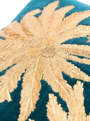 LES-OTTOMANS X Browns Embroidered Palms Velvet Cushion - Blue