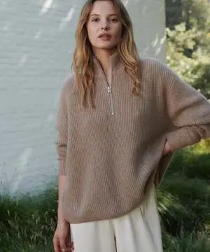 Jenni Kayne Cashmere Half Zip Pullover - Tan