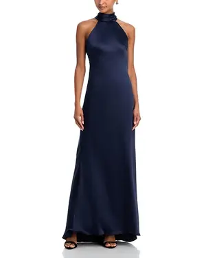 Aqua Sleeveless Satin Gown - Navy