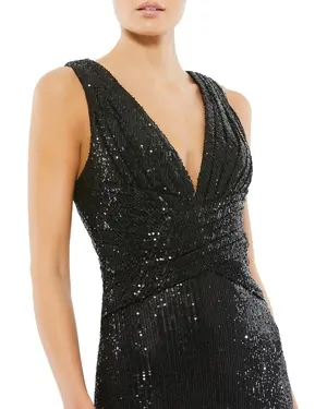 Mac Duggal V-neck Sequin Wrap Waist Gown - Black