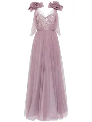 Badgley Mischka Floral-appliqué Tulle Gown - Purple