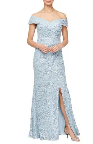 Alex Evenings Floral Embroidered Sequin Off The Shoulder Gown