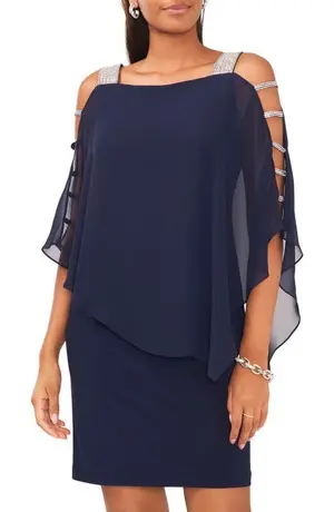Chaus Drape Rhinestone Chiffon Dress - Navy