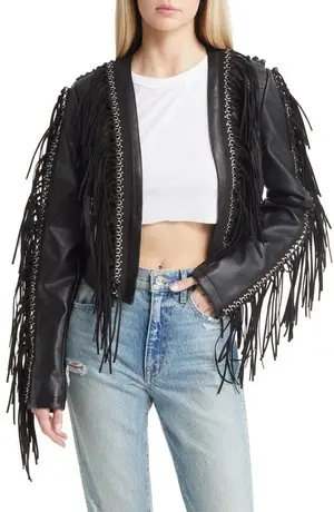 AZALEA WANG Fringe & Rivet Faux Leather Jacket - Black
