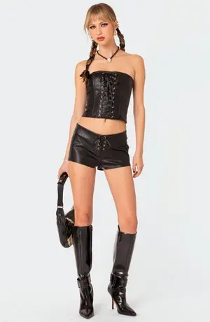 EDIKTED Wilde Faux Leather Shorts - Black
