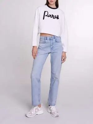 Maje Cropped Sweatshirt With "paris" Appliqu - Ecru