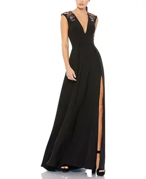 Mac Duggal Beaded Cap Sleeve V-neck A-line Gown - Black