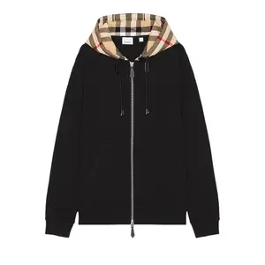 Burberry Checked Hooded Full Zip Hoodie - Black