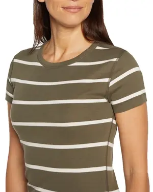 Three Dots Cotton Short Sleeve Crewneck Tee - Olive Stripe
