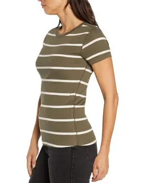 Three Dots Cotton Short Sleeve Crewneck Tee - Olive Stripe