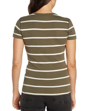 Three Dots Cotton Short Sleeve Crewneck Tee - Olive Stripe