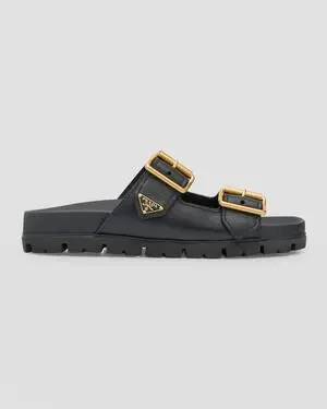 Prada Prada Leather Dual-Buckle Slide Sandals - Nero