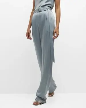 Lapointe High-rise Belted Pleated Straight-leg Doubleface Satin Pants