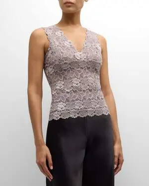 Natori V-Neck Floral Lace Tank Mocha