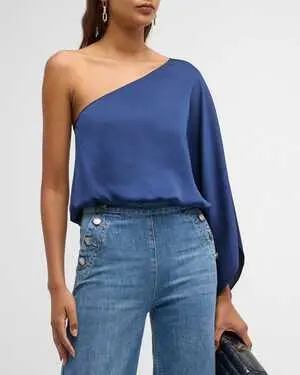 Ramy Brook Gina Asymmetric Satin Blouse - Spring Navy