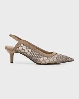 Brunello Cucinelli Crystal Mesh Net Slingback Pumps - C9543 Mud