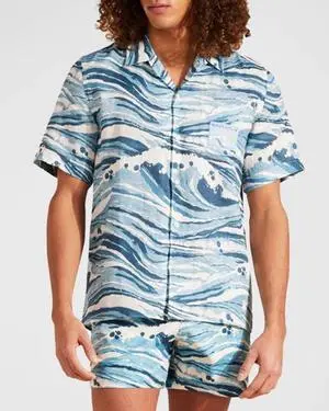 Vilebrequin X Maison Kitsune Men & Apos;s Wave Linen Shirt Blue