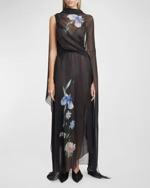 Givenchy Iris-Print Draped Backless Sheer Maxi Dress - Black | Editorialist
