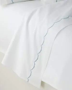 MATOUK Scallop Embroidered 350 Thread Count Flat Sheet, Twin White/blue