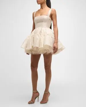BRONX AND BRONCO Tiara Ruffle Fit-&-flare Jacquard Mini Dress - Cream