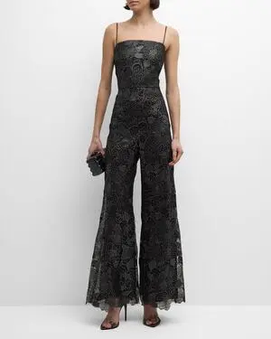 UNGARO Wide-leg Metallic Floral Lace Jumpsuit - Blacksilver