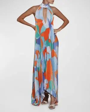 L'IDEE Opera Pleated Asymmetric Backless Halter Gown - Capri Print Orange