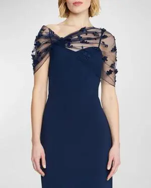 Theia Floral Applique Tulle & Crepe Gown