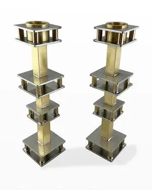 JOY STEMBER METAL ARTS STUDIO Sylvia Candle Holders By Joy Stember - Pewter And Brass
