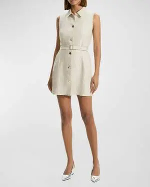 belted military dress in basket weave linen Theory Sleeveless Belted Linen Military Mini Dress - Straw