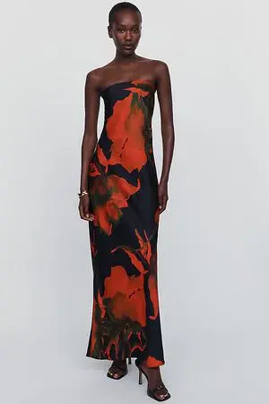 Anthropologie Strapless Satin Maxi Slip Dress - Red Pattern