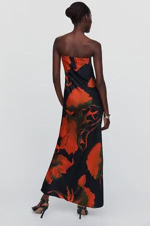 Anthropologie Strapless Satin Maxi Slip Dress - Red Pattern