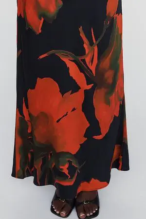 Anthropologie Strapless Satin Maxi Slip Dress - Red Pattern
