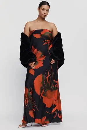 Anthropologie Strapless Satin Maxi Slip Dress - Red Pattern