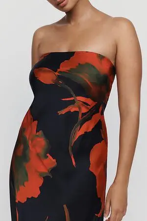 Anthropologie Strapless Satin Maxi Slip Dress - Red Pattern