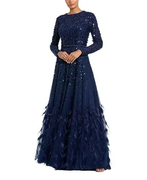 Mac Duggal Feather Detail Embellished Sequin Gown - Midnight