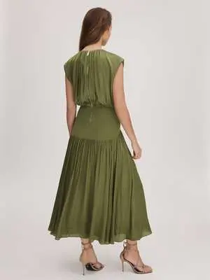 Florere Dropped Waist Pleated Midi Dress In Khaki - 72% Off | Editorialist