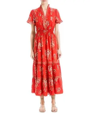 Max Studio Flutter Sleeve Vneck Tier Maxi Dress - Red