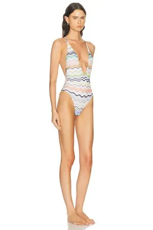 Missoni One Piece Swimsuit In White,blue - Multicolor